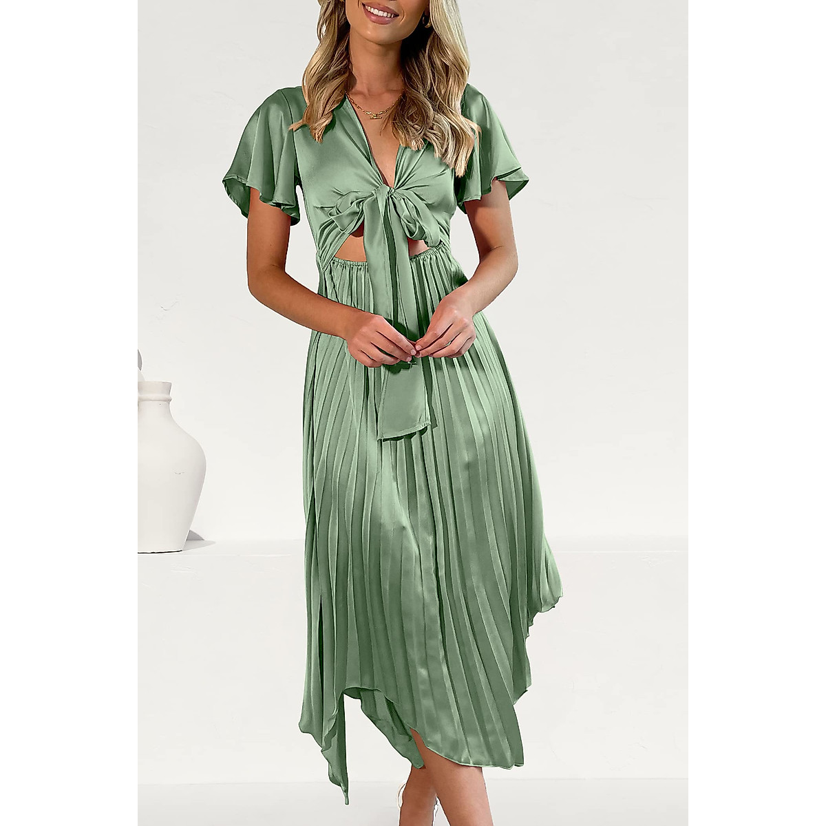 PRETTYGARDEN Women's 2023 Satin Summer Dress Short Sleeve V Neck Tie Front Cutout Pleated A Line Midi Dresses (Light Green,Medium)