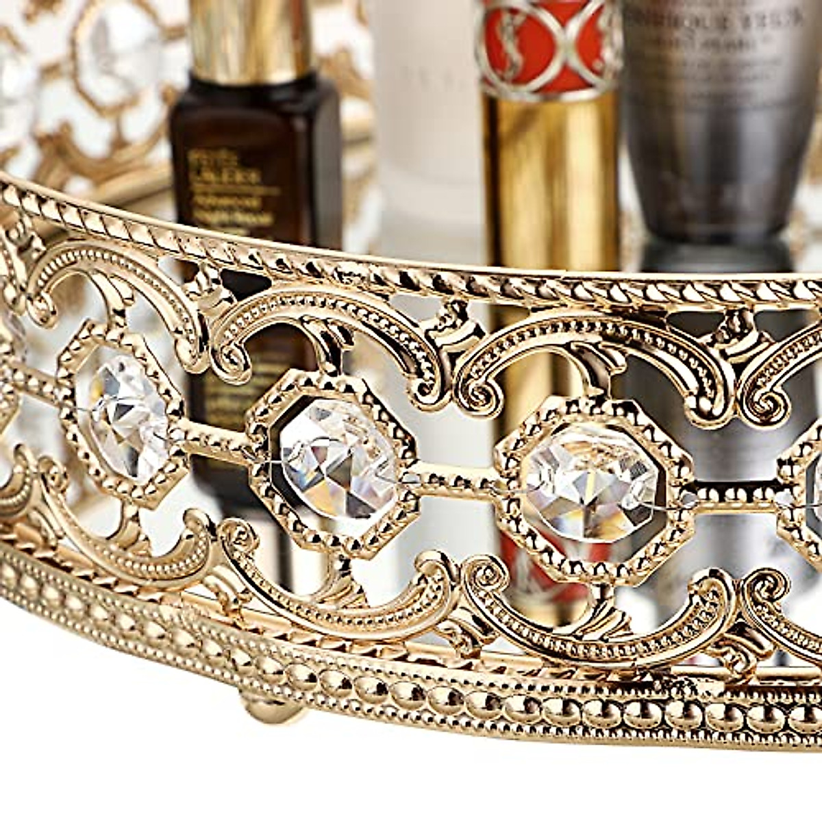 ELLDOO Crystal Mirror Vanity Tray - 9.8" Round Jewelry Trinket Tray Gold Decorative Tray for Dresser Glass Makeup Tray Bathroom Tray Storage Perfume Organizer for Bedroom