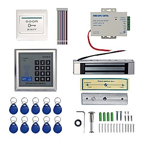 IMAGE Proximity RFID Card Access Control System Kit with 180kg 350LB Electric Magnetic lock 110-240V AC to 12v DC 3A 36w Power Supply Proximity Door Entry Keypad 10 Key Fobs EXIT Button