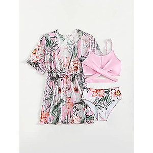 Cozyease Girls' 3 Piece Watermelon Print Drawstring Waist Swimsuit Tie Front Bikini Set Spaghetti Strap Bathing Suit Light Pink 11-12Y