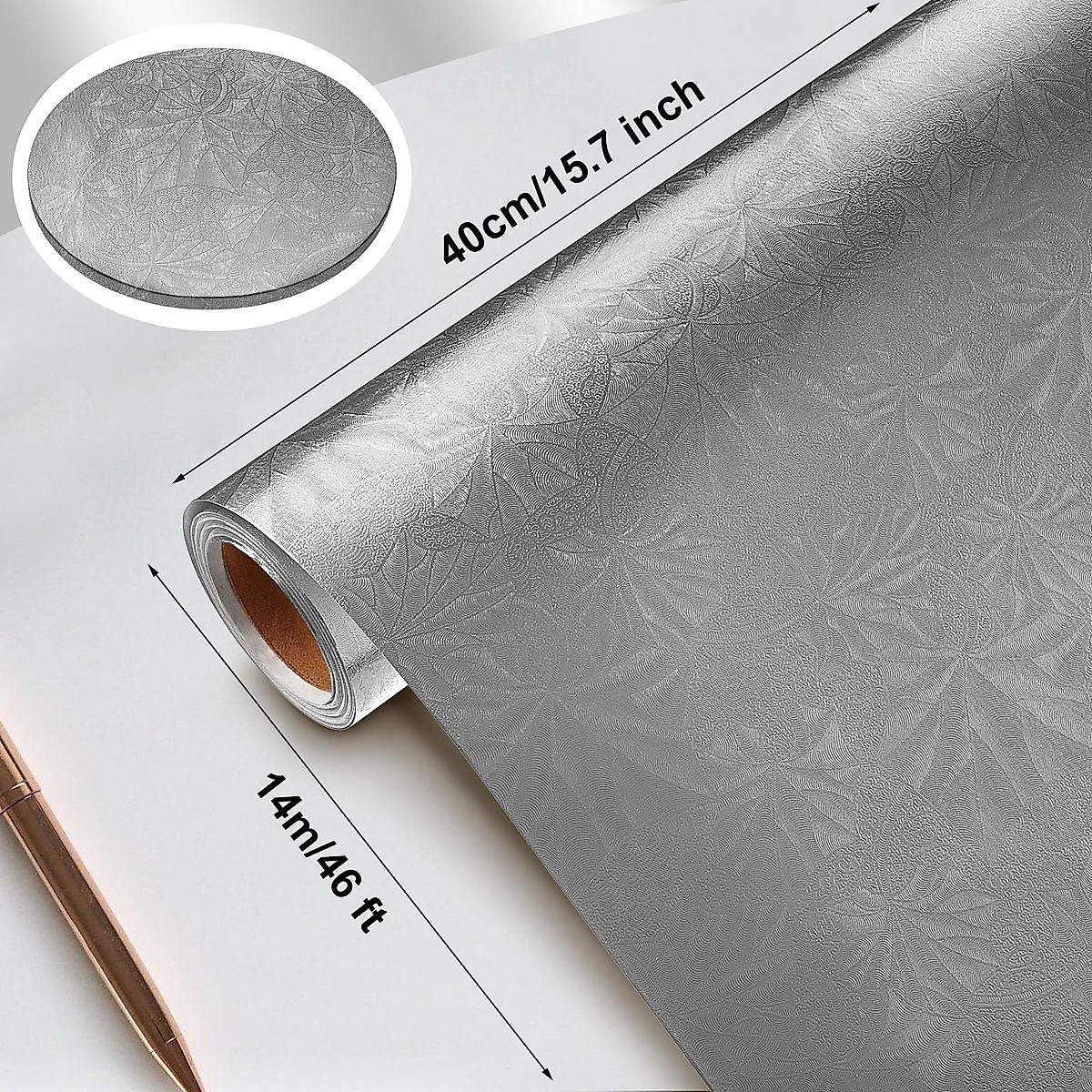 Jecery Embossed Floral Foil Paper Metallic Wrapping Paper Colored Foil Sheets for Crafts Scrapbook Florist Cake Board Cake Drums Christmas Party Gift Wrapping, 15.7 Inch 46 ft(Silver)