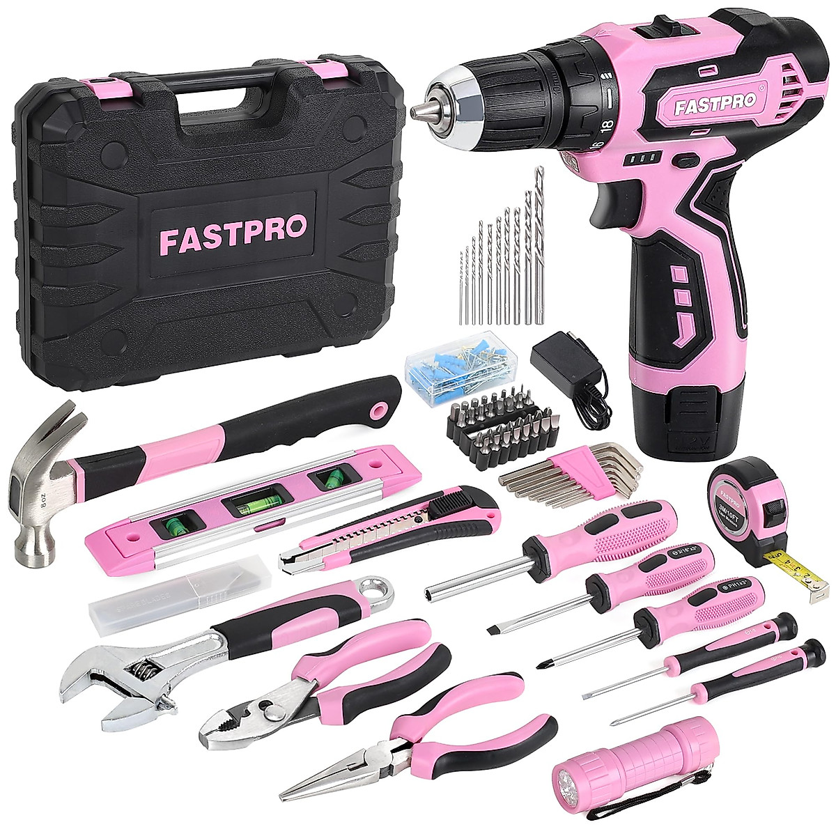 FASTPRO 160-Piece Pink Tool Set with 12V Cordless Lithium-ion Drill Driver, Lady's Home Repairing Tool Kit with Drill in Storage Case, For DIY, Home Maintenance.