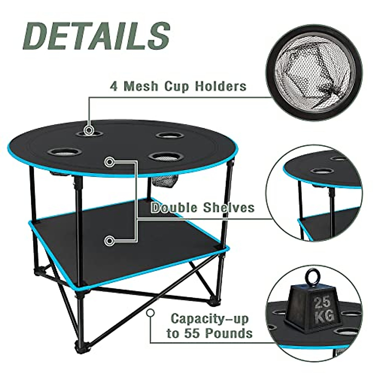 LESES Folding Camping Table Portable Picnic Table Tailgating Table with 4 Cup Holders and Storage Bag for Fishing，Beach，Outdoors，Picnic and Hiking (Black&Blue)