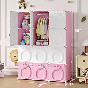 MAGINELS Kids Wardrobe Closet,Baby Closet Cabinet with Door.Baby Girls Closet Armoires Organizer for Bedroom.Two Open Hanging Children Costume Area and 8 Cube Stroage.Pink(42x14x56inch)