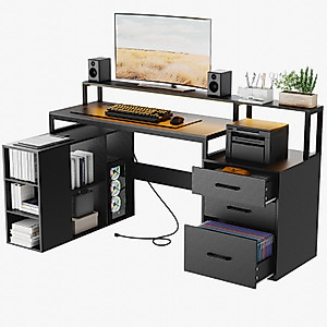 SunsGrove L Shaped Computer Desk with 3 Drawers, 65.7" Large Desk with Power Outlet and LED Lights, Corner Computer Desk with Monitor and CPU Stand, Home Office Desks with File Drawer (Black)