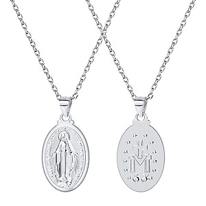 U7 925 Sterling Silver Virgin Mary Necklace Pendant with 20" Chain Catholic Gift for Women Gilrs Oval Miraculous Medal Jewelry