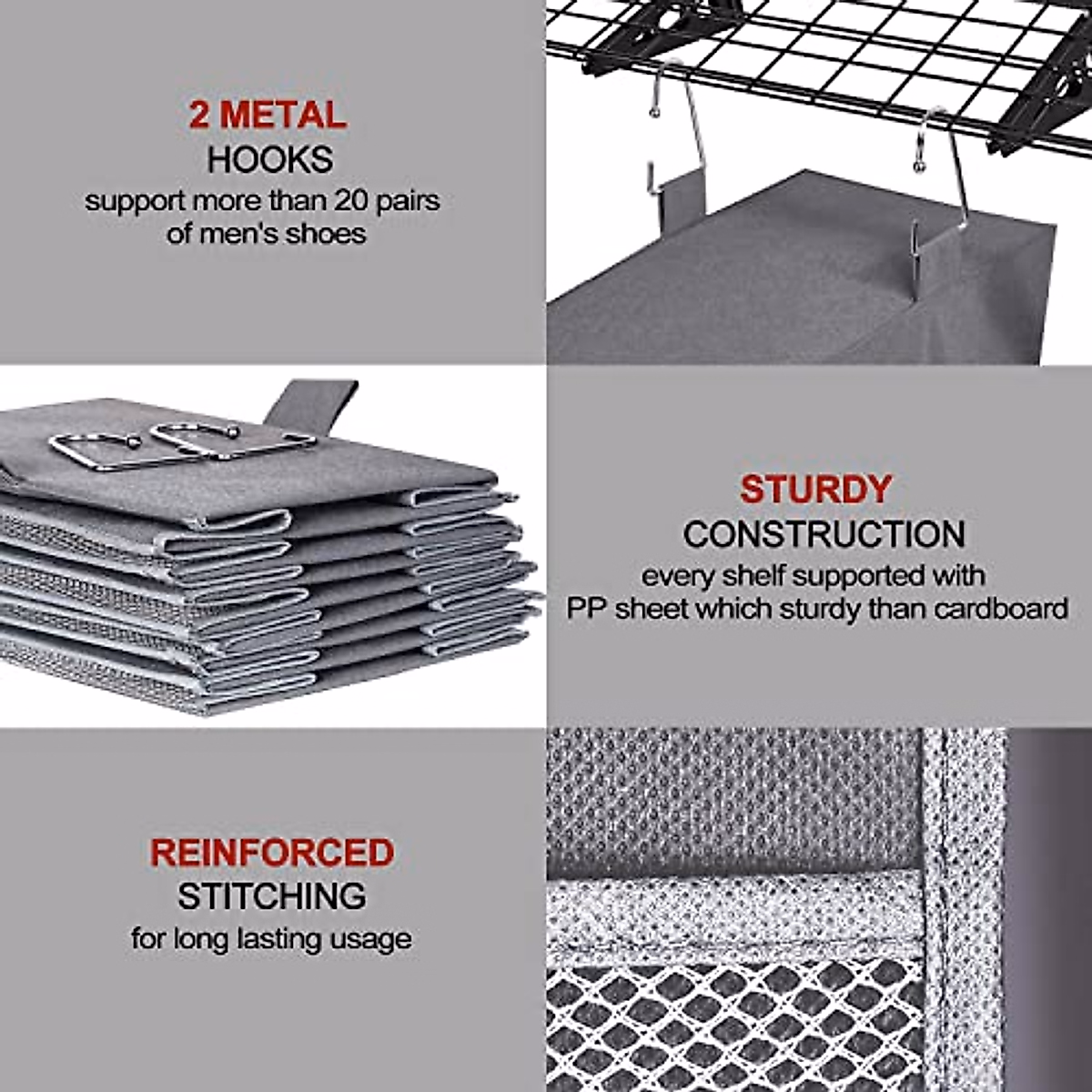 MISSLO 8-Shelf Hanging Shoe Organizer Clothes Closet Organizers and Storage Shelves Hat Holder with Large Shelf and Side Mesh Pockets for Hats Handbags Kid Sweater, Grey