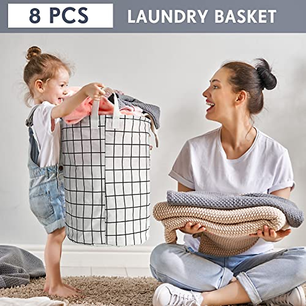 Nuogo 8 Pieces Freestanding Laundry Basket Round Collapsible Organizer Basket Cotton Linen Washable Laundry Hamper Waterproof Laundry Room Organization Large Storage Bins for Kids Toy Room Nursery
