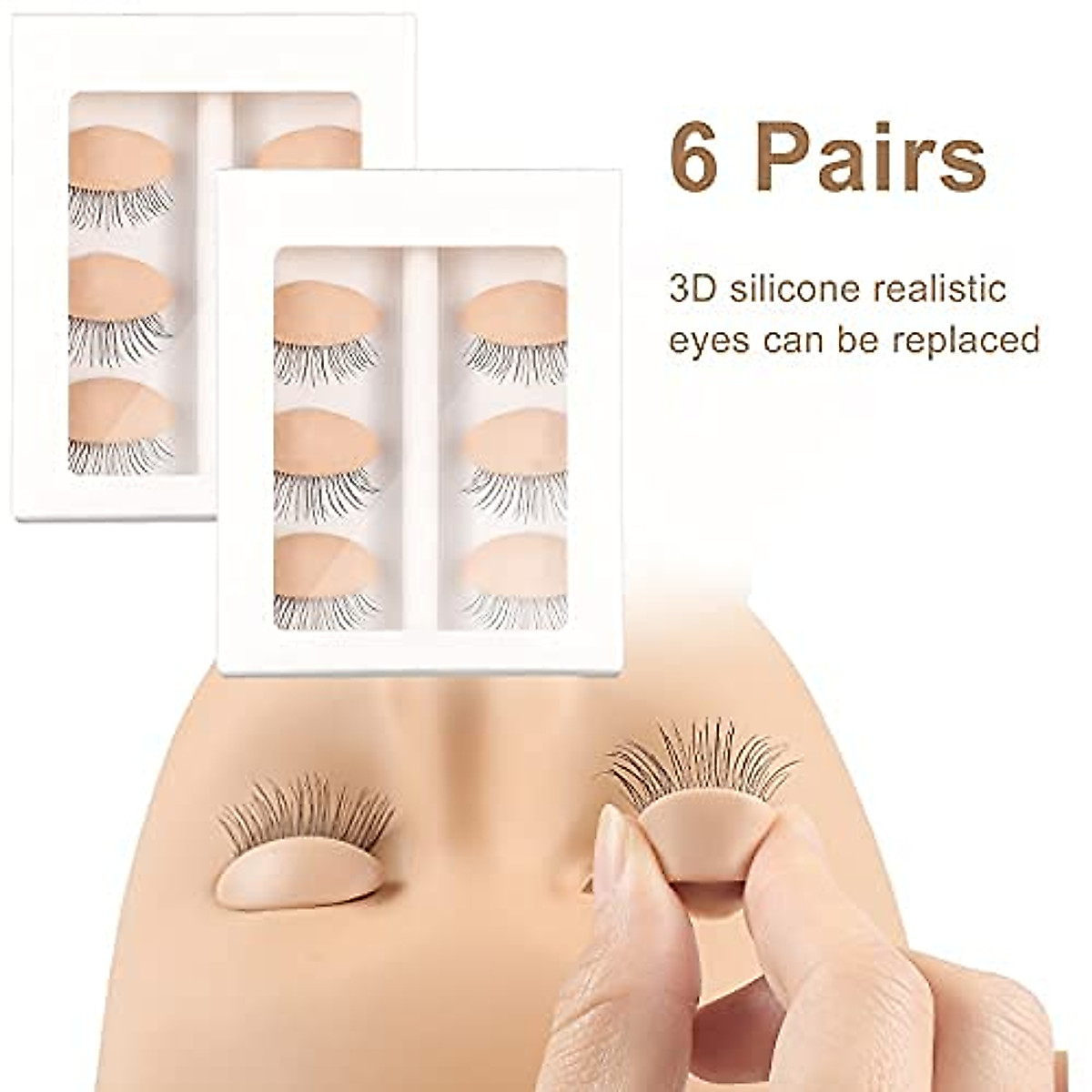 6 Pairs Replacement Eyelids Removable Realistic Eyelids with Eyelashes for Mannequin Head with 10 Pieces Eye Mapping Stickers for Lash Extension Training Eyelash Practice, Makeup Eyelash (Nude)