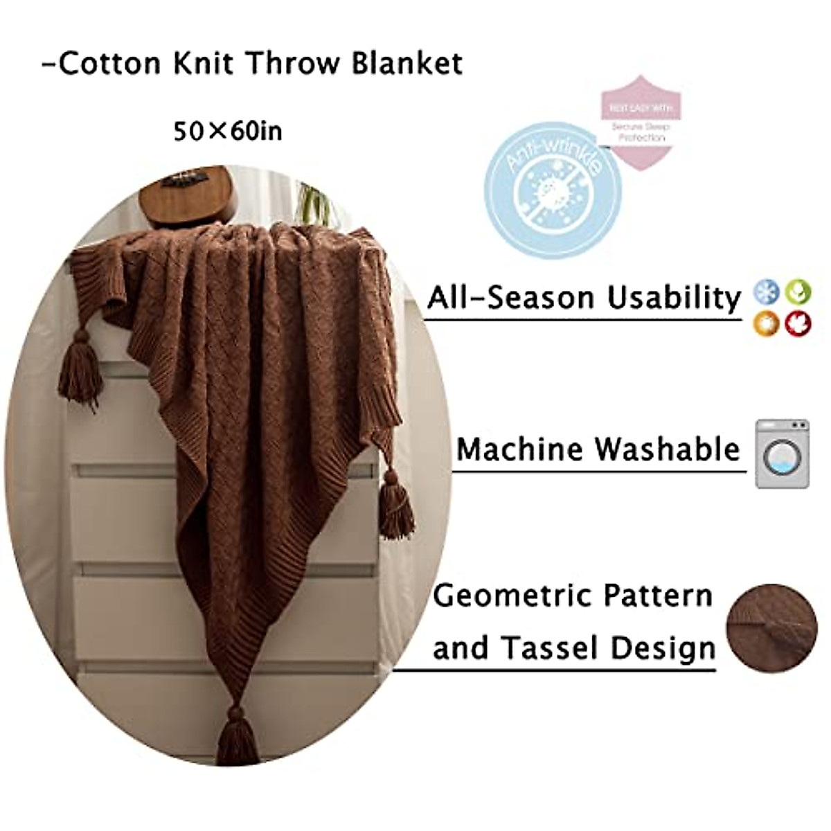 HT&PJ Knit Throw Blanket Cotton Throw Blanket with Tassels Super Soft Warm Cozy Solid Decorative Blanket for Bed, Sofa, Couch, Living Room All Seasons-Caramel, 50"×70"