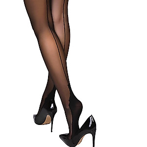 Charm and Attitude Black Sheer Seamed Thigh High Stockings for Women | Back Seam Pantyhose with Lace Top - Black, XS/S