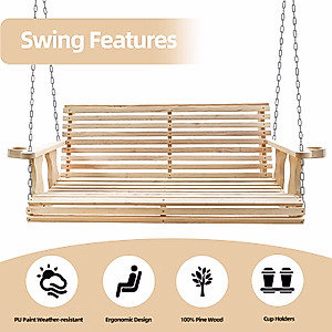 Beneouya Porch Swing Outdoor, 5.5FT Heavy Duty 800lbs Wooden Hanging Swing Bench with Cupholders and Hanging Chains for Front Porch Garden Deck Patio Backyard Balcony