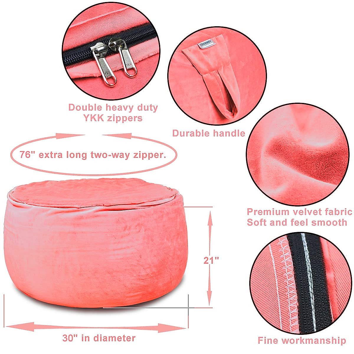 Bean Bag Chair Cover, Stuffed Animal Storage, Plush Toys Organizer Holder, Beanbag Chairs Cover for Kids Teans and Adults Super Soft and Comfortable Fabric X-Large with Handle and Zipper -Round Pink