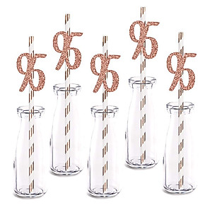 Rose Happy 95th Birthday Straw Decor, Rose Gold Glitter 24pcs Cut-Out Number 95 Party Drinking Decorative Straws, Supplies