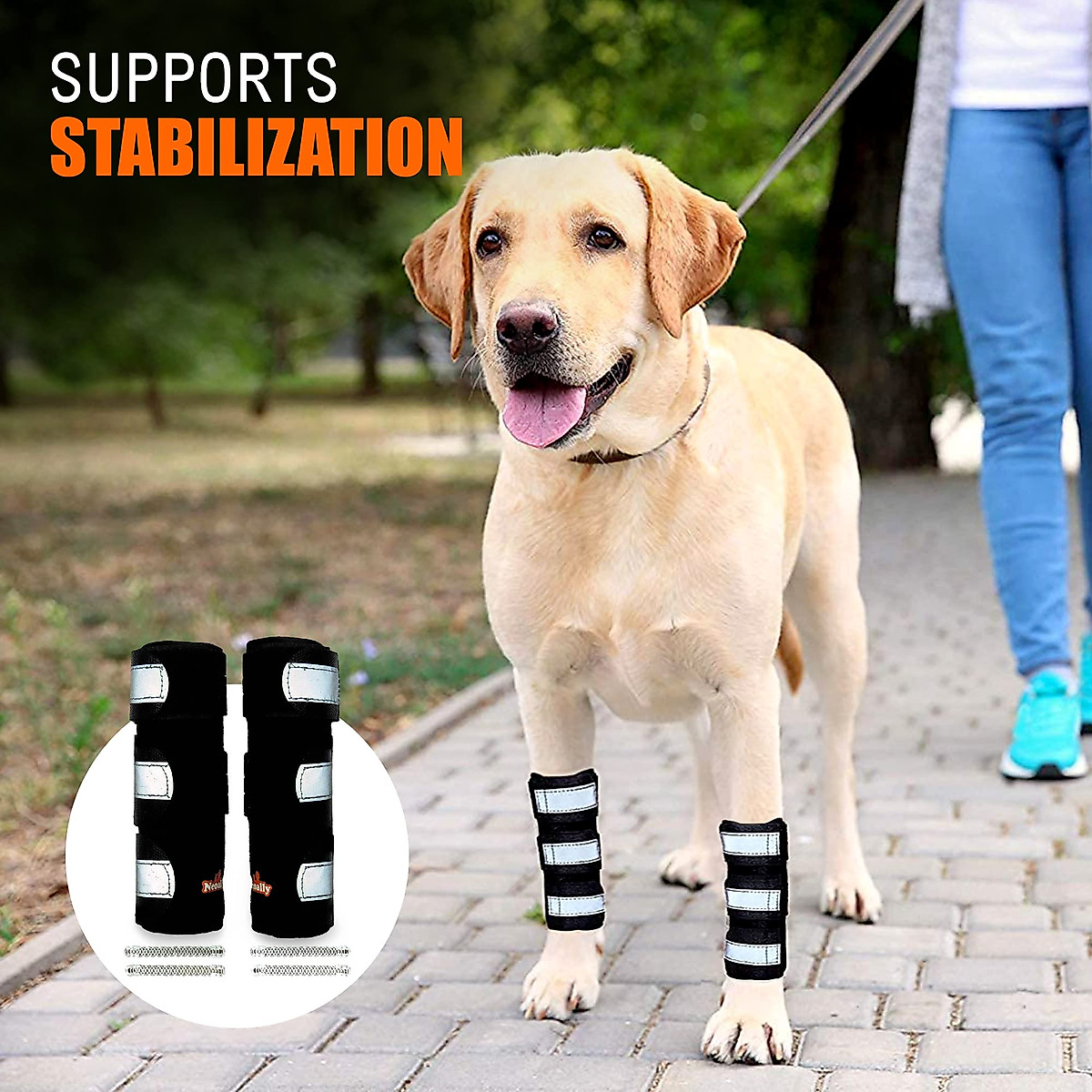 NeoAlly- Front Leg Brace for Dogs & Cats, Dog Leg Brace with Metal Spring Inserts, Dog Leg Sleeve for Carpal Support, Dog Leg Sleeve with Reflective Straps, L/XL, Pair
