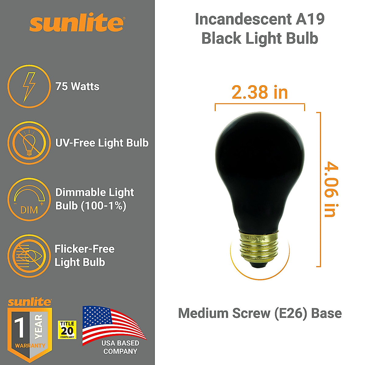 Sunlite 41744 Incandescent A19 Black Light Bulb, 75 Watts, E26 Medium Base, Dimmable, Party Decoration lamp, Holiday Lighting, Household Lighting, Mercury Free, Black, 12 Count