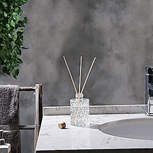 MyGift Small Clear Glass Reed Diffuser Bottles, Vintage Embossed Apothecary Style Flower Bud Vases with Cork Lids, Set of 2