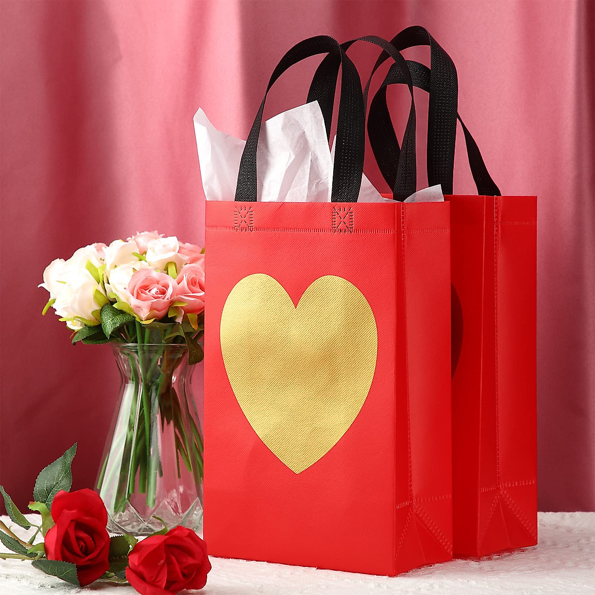 24 Pcs Valentines Day Reusable Gift Bags with Shiny Gold Heart Non Woven Gift Bags Goodie Bags 8 x 12 x 4 Inch Grocery Bags Shopping Bags for Birthday Wedding Valentines Party (Red)