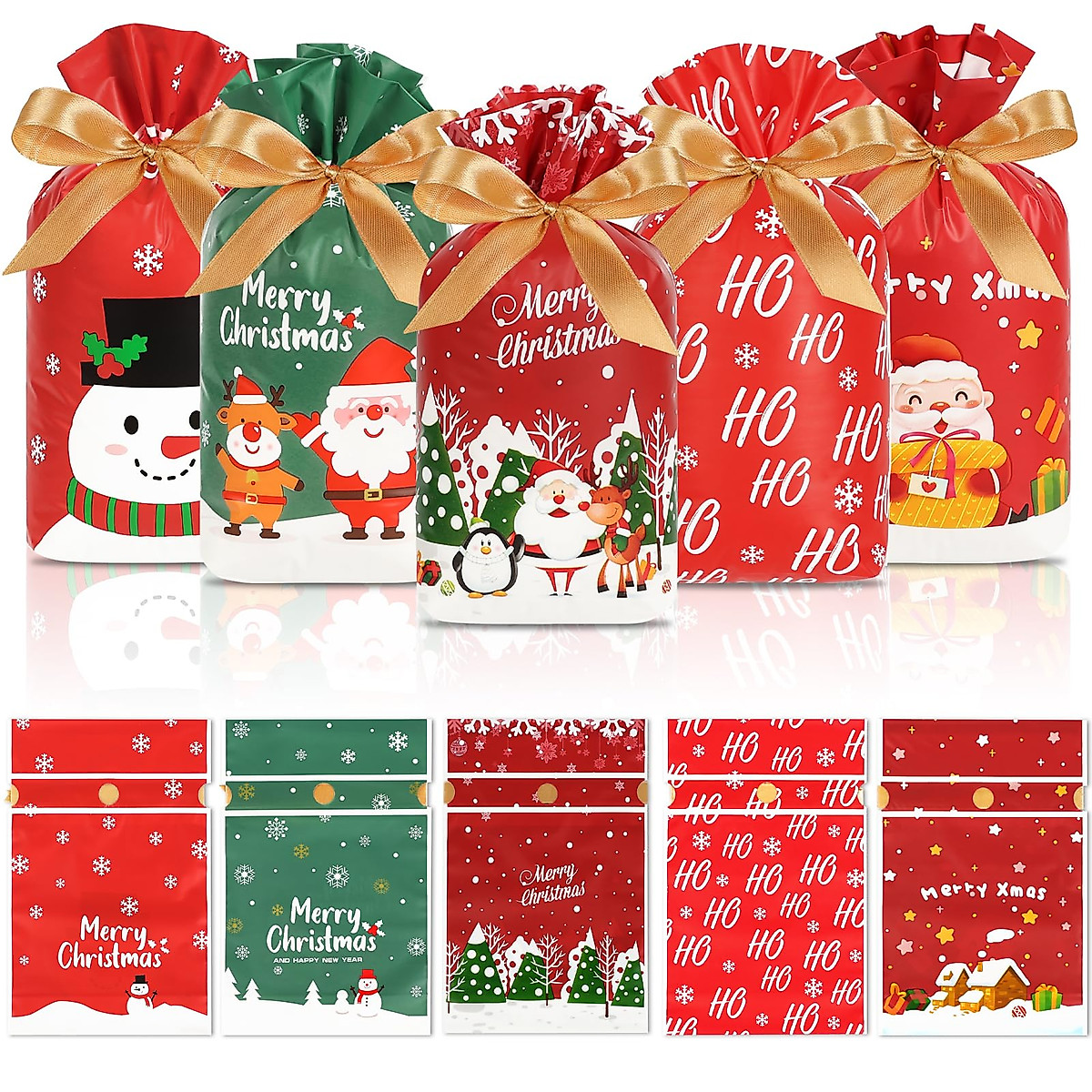HRX Package 50pcs Christmas Treat Bags Drawstring, 5.8x9x2.4inch Holiday Goodie Bags Small Christmas Gift Bags for Candy Cookie gift giving