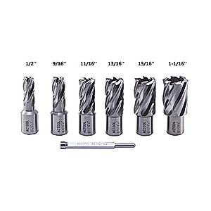 ACTOOL 6 PC 1/2" to 1-1/16" HSS ANNULAR Cutter Set 1" Cutting Depth with 3/4'' Weldon Shank