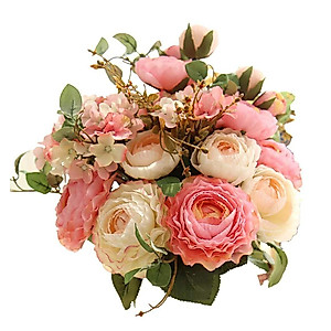 Artfen Artificial Flowers Fake Silk Hydrangea Flower Simulation Hand Tied Bouquet Lu Lotus Bouquet for Home Hotel Office Wedding Party Garden Craft Art Decor Approx 8.5" in Diameter Pink 2