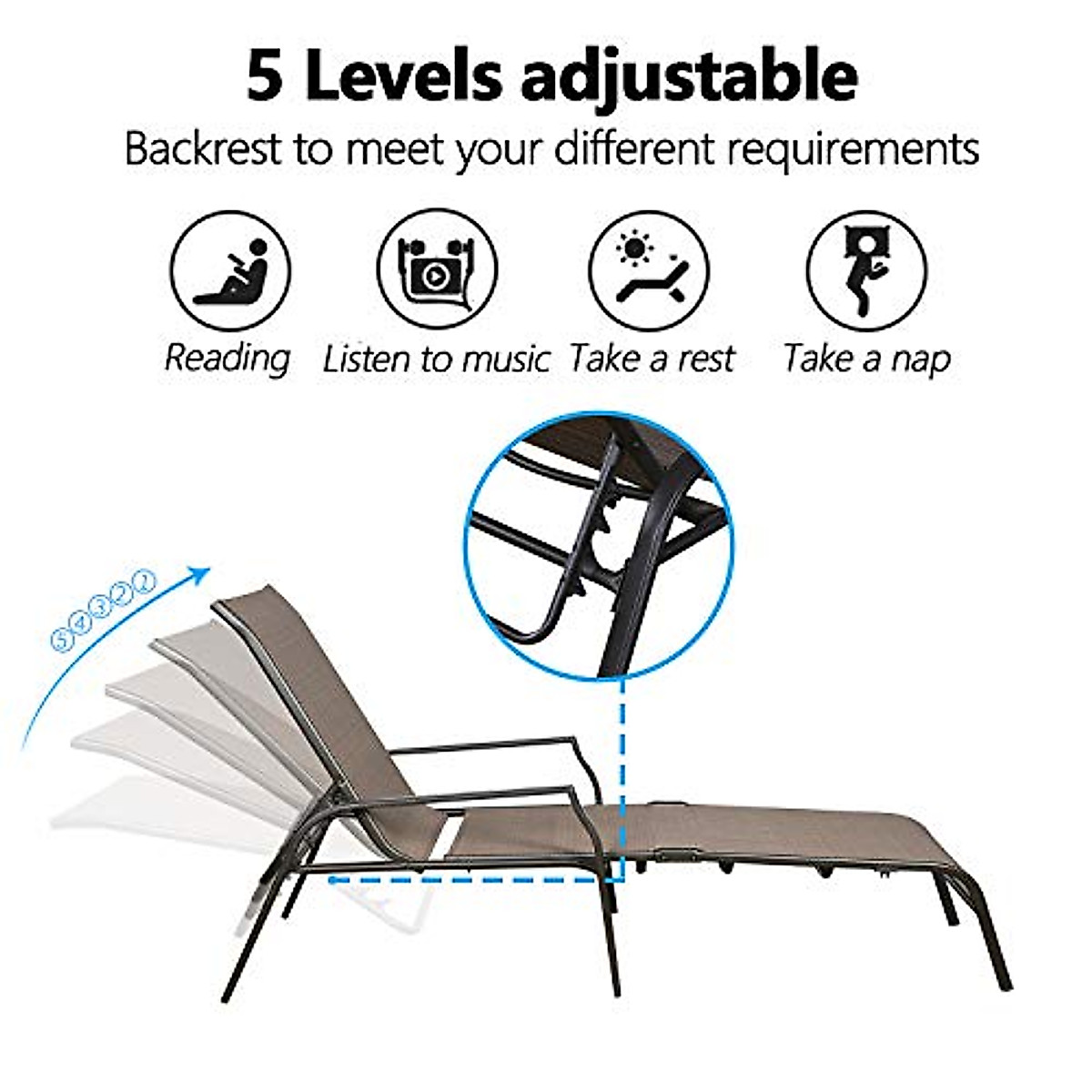 Patio Outdoor Chaise Lounge Chairs, Folding Sling Reclining Chaise Lounger Chair Fit Beach Yard Pool Patio with 5 Adjustable Positions, Brown Frame