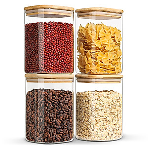 ComSaf Glass Storage Containers with Lids 37fl.oz, Glass Jars with Bamboo Lids, Clear Food Storage Jar, Glass Canister For Pantry Noodles Flour Cereal Rice Sugar Tea Coffee Beans, Square Set of 4