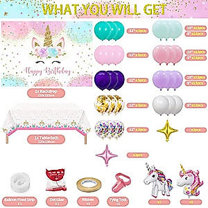 Unicorn Birthday Party Decorations Girls, 142PCS Unicorn Birthday Party Supplies Including Unicorn Backdrop, Unicorn Balloon Arch/ Garland Kit, Unicorn Tabblecloth