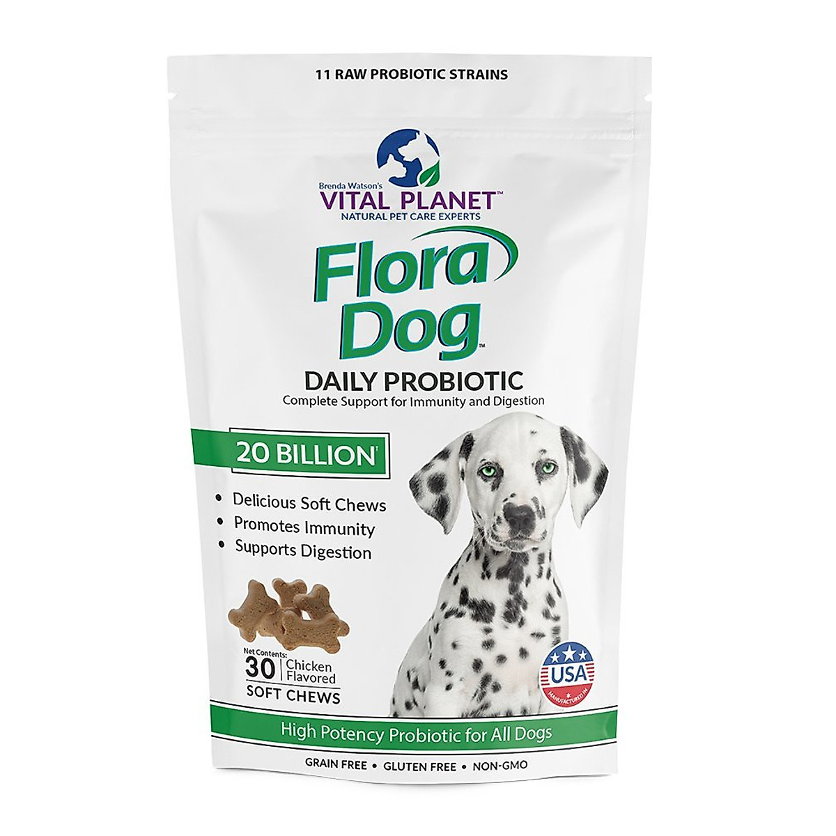 Vital Planet - Flora Dog Probiotics, Dog Chews Supplement with 20 Billion Cultures and 11 Strains, Immune and Digestive Support Chewable Probiotics for Dogs, 30 Natural Bacon Flavored Soft Chews