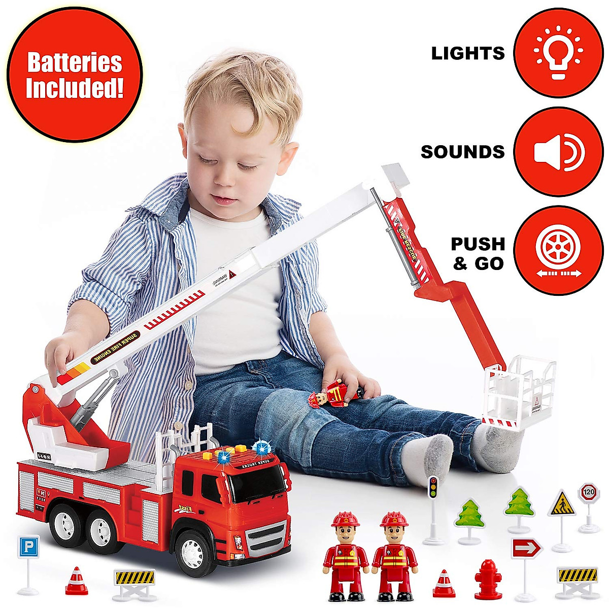Fire Truck Playset - 1:12 Scale Large Size Toys - Realistic Fire Engine, 3 Firemen, Road Signs, Lights, Sounds - Friction-Powered Fire Truck Toys for 3 Year Old Boys, Girls, Toddlers Age 3 4 5