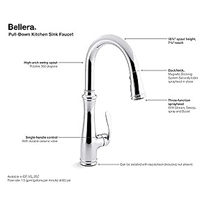 KOHLER Bellera Pull Down Kitchen Faucet, Kitchen Sink Faucet with Pull Down Sprayer, 3-Spray Faucet, Vibrant Stainless, K-560-VS