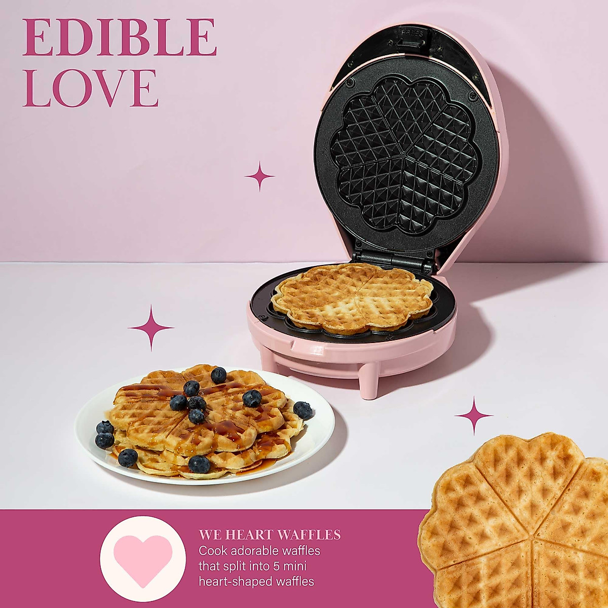 Paris Hilton Heart Waffle Maker, Makes 5 Mini Heart Shaped Waffles or 1 Individual Waffle, Easy to Clean 6" Nonstick Plates, Made without PFAS or PFOA, Electric Waffle Iron, Pink