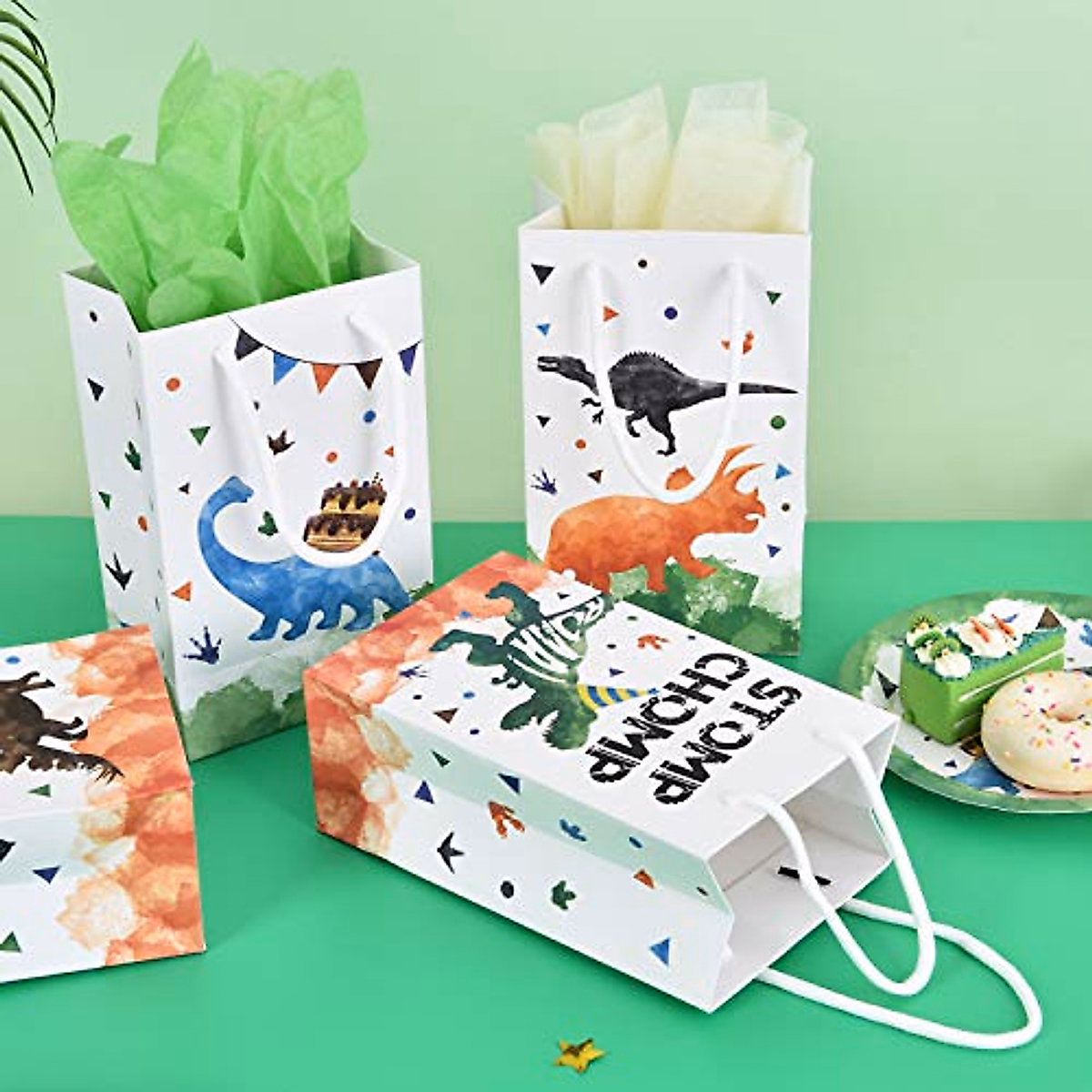 WERNNSAI Watercolor Dinosaur Party Bags - 16 Pack Dinosaur Party Favor Bags for Boys Kids Dino Theme Party Supplies Candy Treat Goodies Gift Bags with Handle
