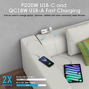 Hidden Sofa Socket, Couch Charging Station Plug in 2AC Outlets PD20W USB-C, QC3.018W USB-A,Furniture Outlet 1050J Surge Protector, Low Profile Extension Cord Flat Plug