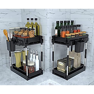 Double Sliding Under Sink Organizers and Storage - 2 Tier Pull Out Under Kitchen Cabinet Organizer w 4 Hanging Cup,8 Hooks,4 Dividers, Under Counter Sink Organization for Bathroom, Adjustable H and W