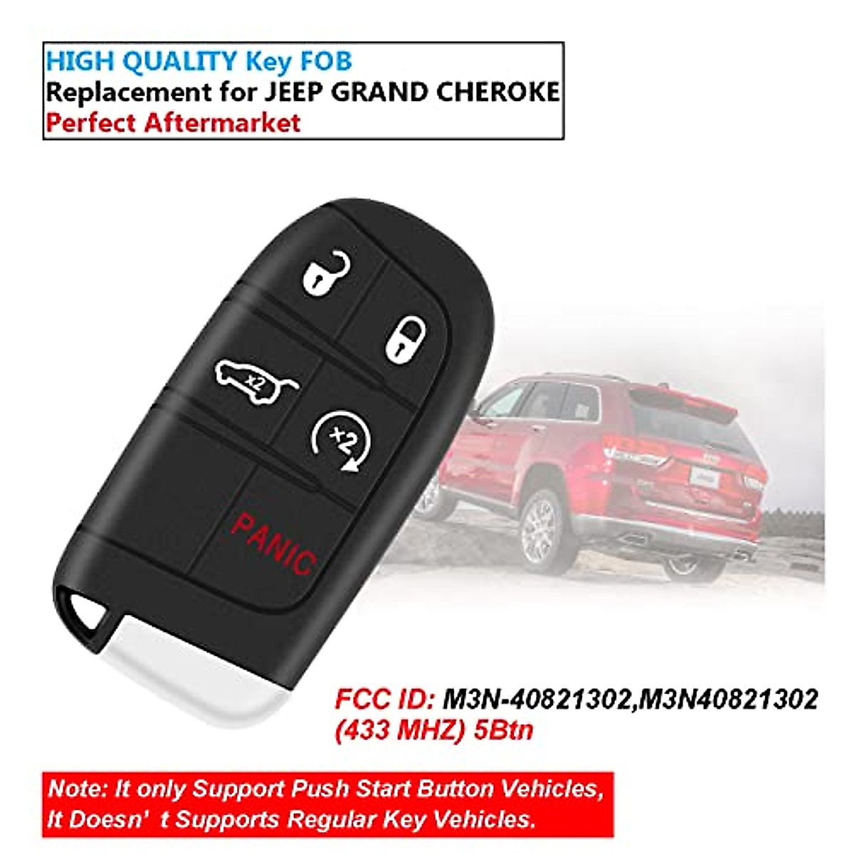 Proximity Smart Keyless Entry Car Remote Fob fit Jeep Grand Cherokee 2014-2021 Replacement for FCC ID: M3N-40821302 68143505AC 68143505AA 1 PCS