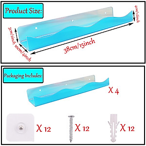 4 Pack 15 Inch Iridescent Acrylic Floating Shelves Wall Mounted Kids Bookshelf Toy Storage Wall Shelf Nail Polish Holder Perfume Display Wall Shelves for Bedroom,Living Room,Bathroom (Wavy Lines)