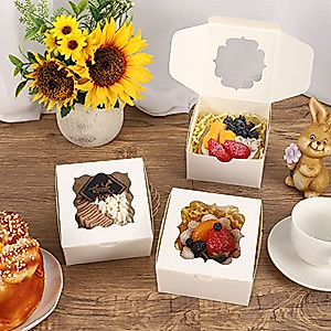 TOMNK 150pcs 4 Inch White Bakery Boxes Small Treat Boxes Cookie Boxes with 3 Style Windows Pastry Boxes Mini Dessert Boxes for Chocolate Strawberries Donuts and Party Favor 4x4x2.5 Inch