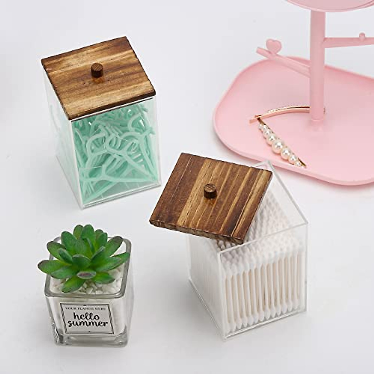 Tbestmax 3 Pack Qtip Holder - 12 oz Bathroom Organizer and Storage Containers, Plastic Square Apothecary Jars with Black Bamboo Lids for Cotton Ball, Cotton Swab, Floss