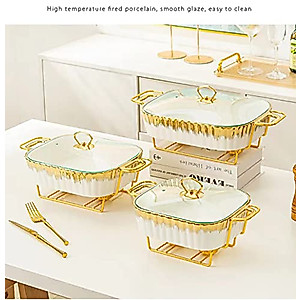 Rectangular Porcelain Casserole Warming Trays for Food, Ceramics Chafers, and Buffet Warmers Sets, Gold Plating Serving Dishes (Large 2.4 quarts)