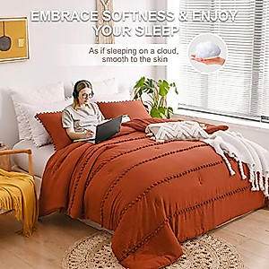 Sanracie Terracotta Comforters Queen Size Set Boho,Burnt Orange Pom Pom Farmhouse Bedding Sets Queen Bed Comforter Set 3 Pieces