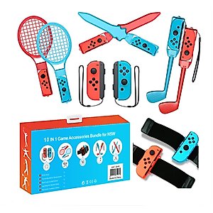 YIKESHU Switch Sports Accessories Bundle for Nintendo Switch, 10 in 1 Family NS Sport Game Switch OLED Kits with Tennis Rackets, Golf Clubs, Chambara Swords, Soccer Leg Straps & Joycon Grips