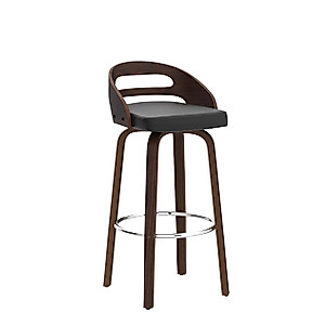 Bar Stools Set of 2, Swivel Bar Height Stools with Walnut Bentwood, Low Back, Upholstered Faux Leather, Soft Cushion Seat, Mid Century Bar Stools for Kitchen/Island/Counter (Black, 30" Seat Height)