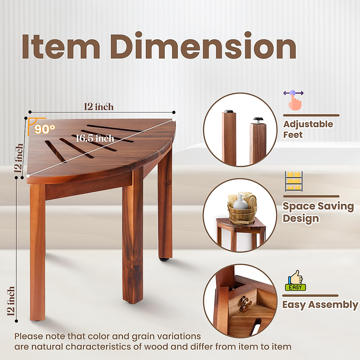 TINAMO 12" Shower Foot Rest - Wooden Corner Shower Benches for Inside Shower - Small Corner Stool Footrest for Shaving Legs - Waterproof Bath Step Stools Bench for Bathroom (Acacia)