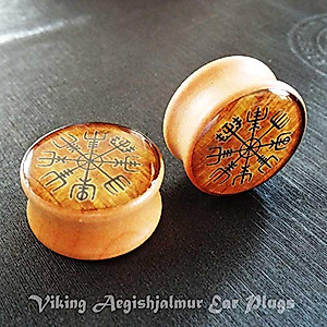 FLYUN Wood Ear Gauges Viking Plugs Women Men Ear Stretcher Expander 8mm-25mm 0 00-1'' Double Flared Saddle Plugs Earrings Piercing Jewelry Norse Vegvisir Aegishjalmur (00G (10mm))