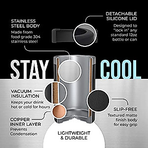 Bay & Barrel - Stubby Bottle & Can Cooler, Vacuum Insulated Can & Bottle Holder, Slip-Free Insulated Can Cooler, 2-in-1 Insulated Beer Can Holder, 12 oz, Black
