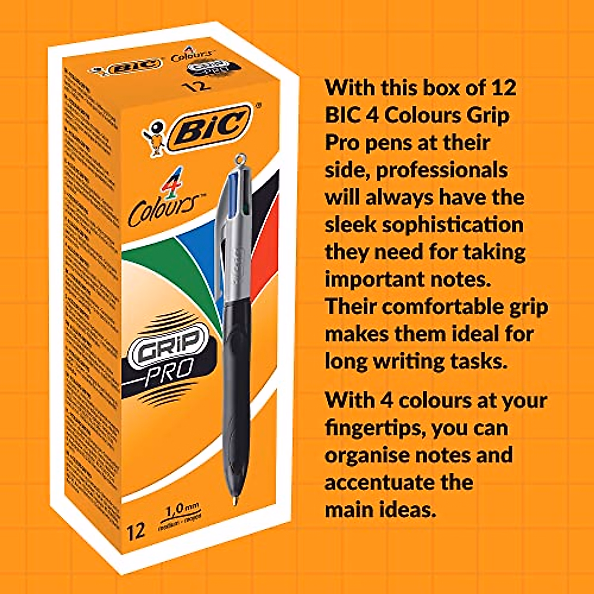 BIC 4 Colours Grip Pro Retractable Medium Point (1.0 mm) Ballpoint Pens, 12 Pens and Each Pen Contains 4 Colours