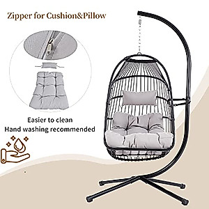 Patio Foldable Swing Chair with Cushion, PE Wicker Egg Hanging Chair w/Stand, Hammock Chair for Outdoor Balcony Indoor Bedroom (Black+Gray-2)