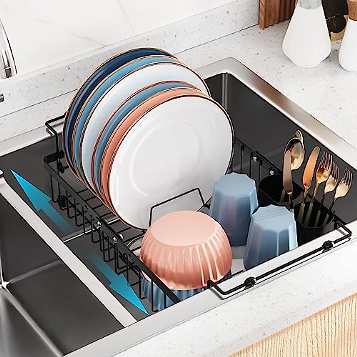 iSPECLE Sink Dish Drying Rack - 3 Sizes Adjustable Dish Rack(13.5'',15.3'',17'') - Over Sink Drying Rack, in Sink or on Counter Dish Drainer with Removable Cutlery Holder Large Capacity, Black
