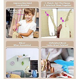 Puzzled 747 Jet Plane 3D Puzzle Wood Craft Construction Kit Aircraft, Fun & Educational DIY Wooden Toy Assemble Model Unfinished Craft Hobby Airplane Puzzle to Build & Paint for Decoration 33pcs Pack